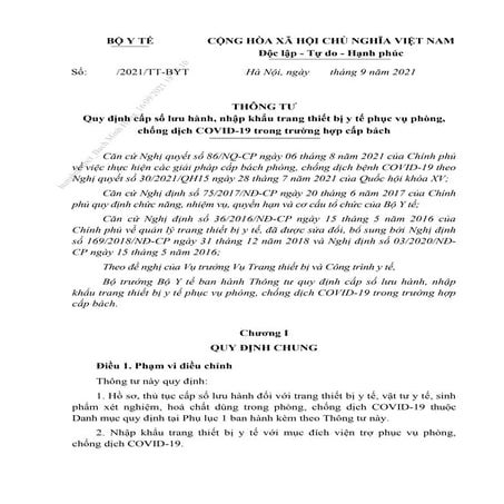 Thông tư 13/2021/TT-BYT Quy định cấp số lưu hành, nhập khẩu trang thiết bị y tế phục vụ phòng ...