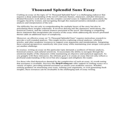 Thousand Splendid Suns Essay. A Thousand Splendid Suns reading task ...
