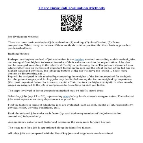 Three Basic Job Evaluation Methods | PDF