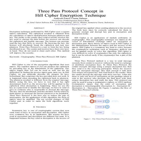 Three Pass Protocol Concept In Hill Cipher Encryption Technique Pdf