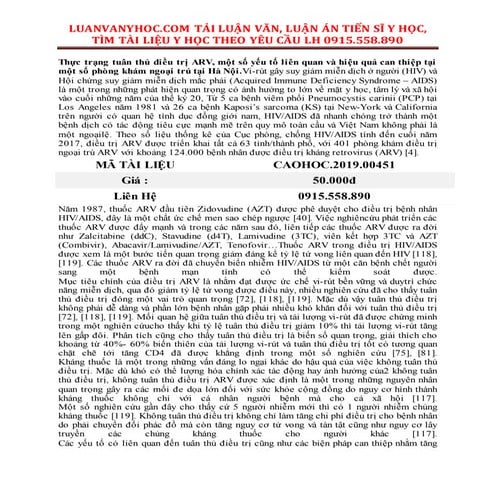 Thuc trang tuan thu dieu tri arv, mot so yeu to lien quan va hieu qua can thiep | PDF