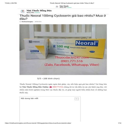 Thuốc Neoral 100mg Cycloserin giá bao nhiêu? Mua ở đâu? | PDF