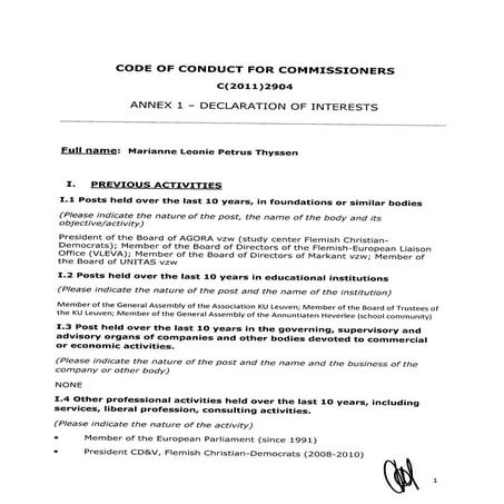 Marianne Thyssen - Declaration of Interests 2015 | PDF