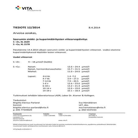 Tiedote 12 uudet viitearvot sinkki ja kupari | PDF