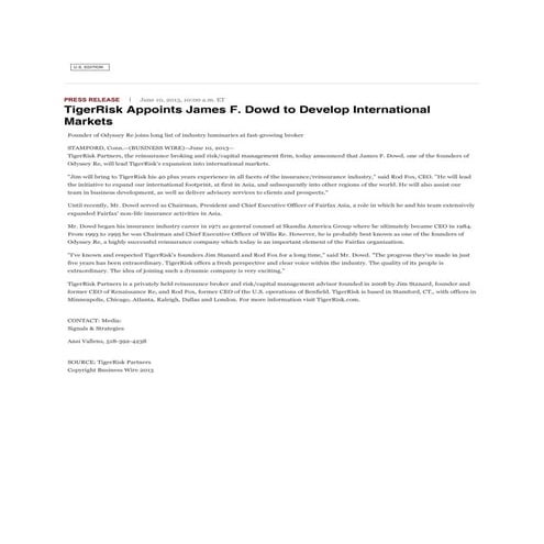 TigerRisk and CEO Rod Fox welcome James Dowd | PDF