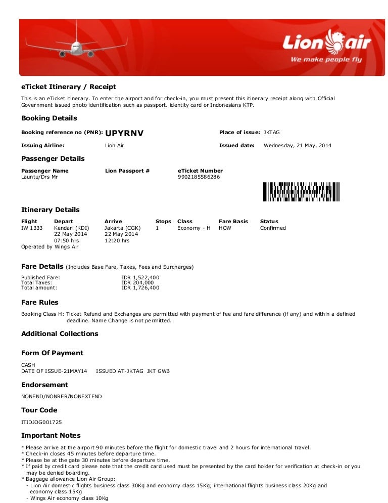 Contoh Tiket Pesawat Lion Air - Perumperindo.co.id