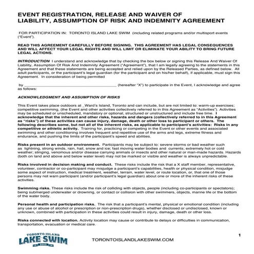 Toronto Island Lake Swim Waiver | PDF