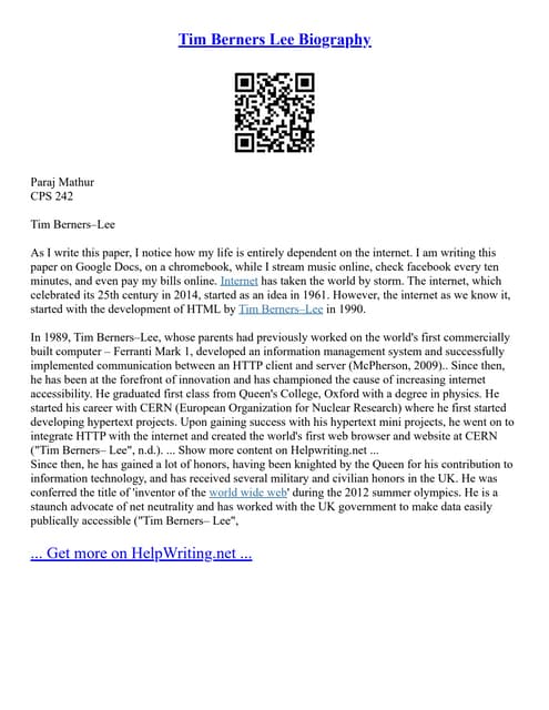 Tim Berners-Lee Inventor of the World Wide Web | PDF