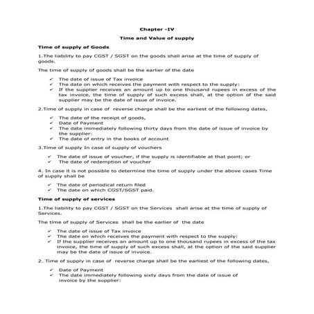 Time and value of supply -GST-Chapter iv | PDF | Personal Taxes | Personal Finance
