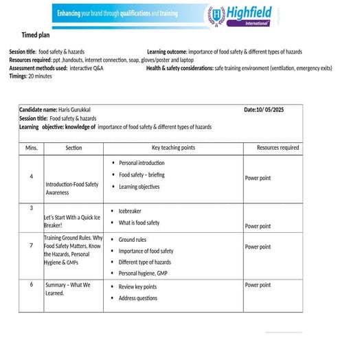 Timed Plan for food safety training dnwd | DOCX