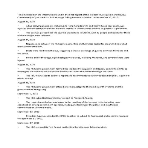 timeline based on the information found in the First Report of the ...