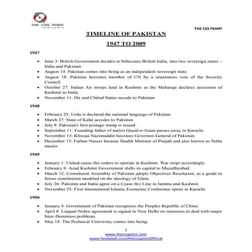Timeline of pakistan 1947 to 2009 | PDF