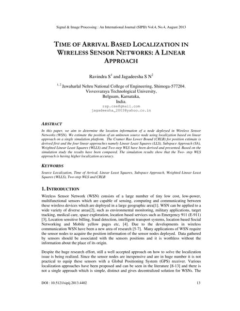 Time Of Arrival Based Localization In Wireless Sensor Networks A