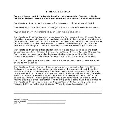 Time out lesson 4 step-out students | DOCX | Homework and Study | Education