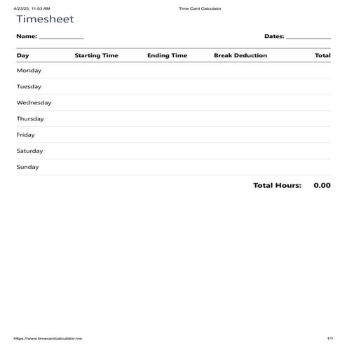 time sheet/ time card weekly template for working hours calculation | PDF
