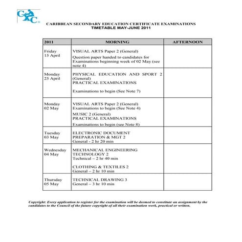 Timetable csec 2011 may-jun final a4 3 january 2011 | PDF | Educational ...
