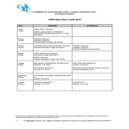 Timetable csec 2016 may-june final a410feb2015 edited | PDF