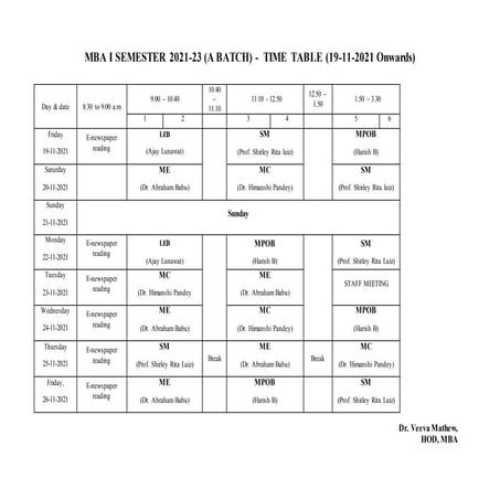 Time table mba i semester a batch (2021- 23)- revised time table from 19th november | PPT