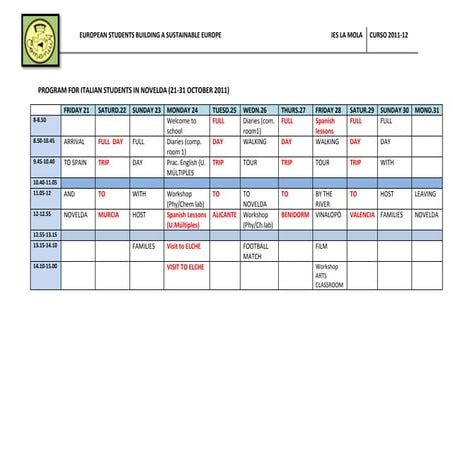 Timetable for italian students | DOCX