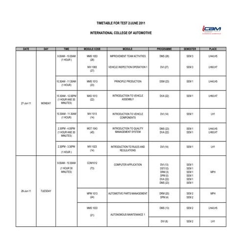 Timetable Test 2 June 2011 | PDF | Automotive Industry | Industries