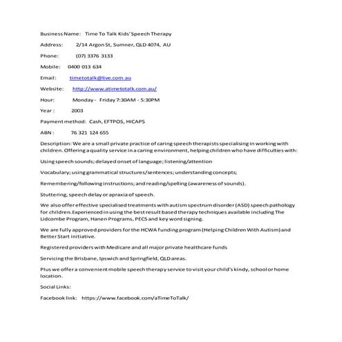 Time to talk kids' speech therapy | DOCX