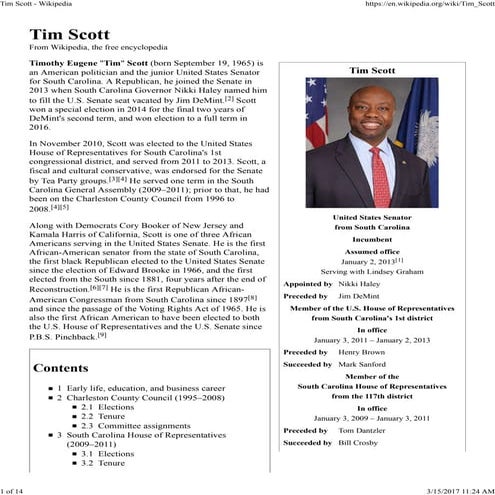 Tim Scott wikipedia (highlighted) | PDF | Politics