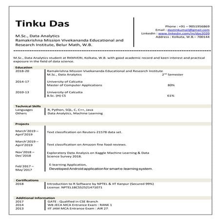 Tinku Das (Data Science Machine Learning) Resume | PDF