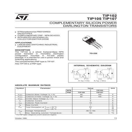 Original PNP Transistor TIP102 TO-220 New STMicroelectronics | PDF