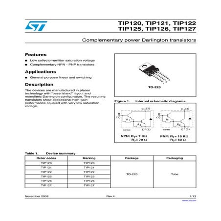 Original PNP Transistor TIP122 5A 100V TO-220 New STMicroelectronics | PDF