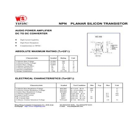 Original Transistor NPN TIP35C TIP35 TO-247 25A 100V New ST | PDF