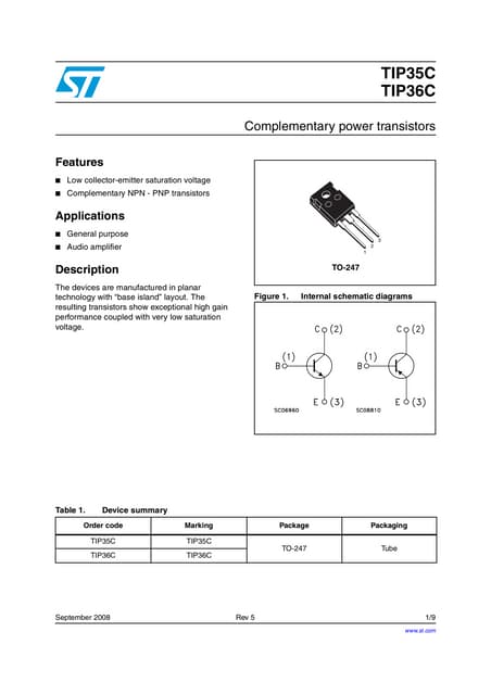 Original COMPLEMENTARY SILICON POWER TRANSISTORS TIP32 TIP32C TO-220F New STMicroelectronics | PDF