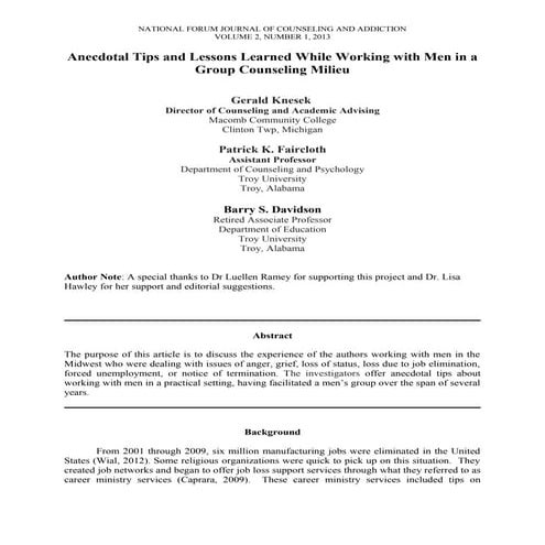 Tips and lessons learned while working with men in a group counseling ...