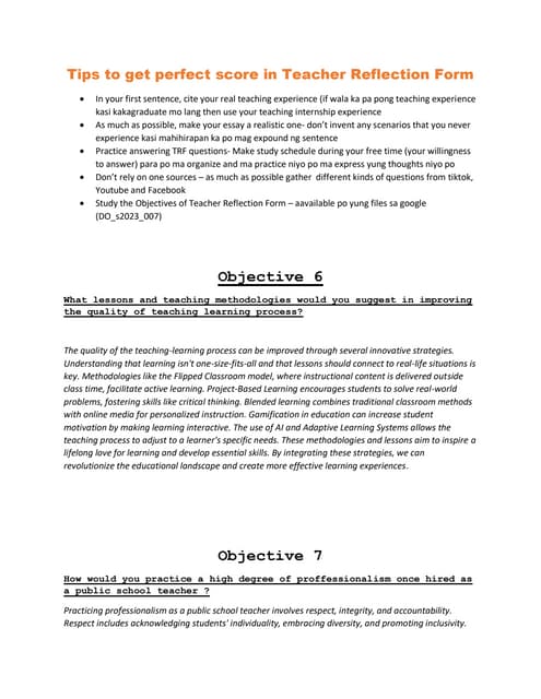 TEACHER REFLECTION FORM (NEW SET........).docx | Professional School ...