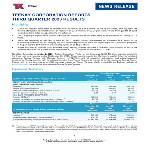 Teekay Corporation Q3-23 ER Document | PDF