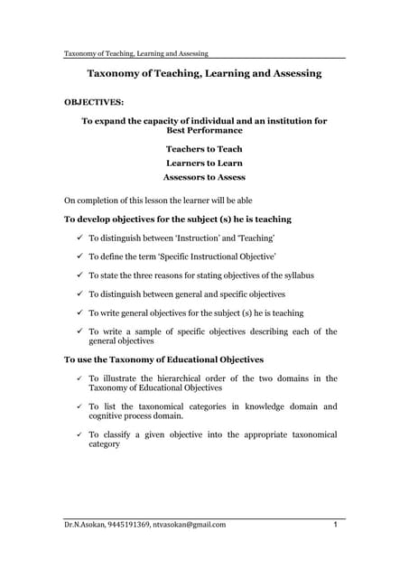 Workshop on Taxonomy of Teaching Learning and Assessing | PPT