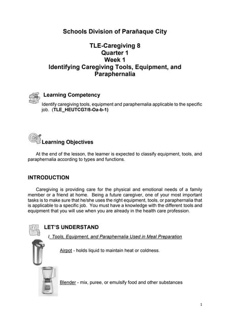 Caregiving Tools, Equipment and Paraphernalia | PPTX