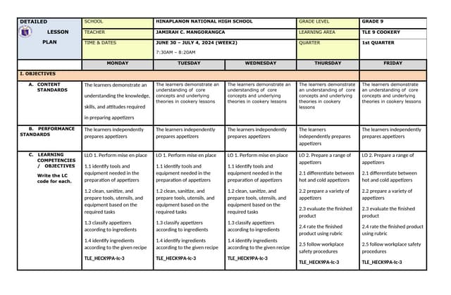 DETAILED LESSON PLAN IN HOME ECONOMICS 2 | DOCX