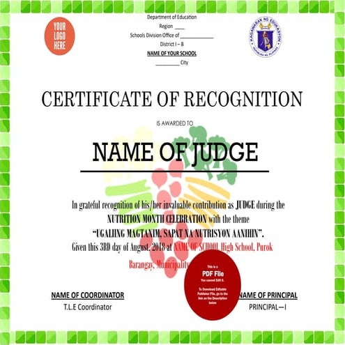 Free Deped Certificate: Tle nutrition month certificate of judge1 | PDF