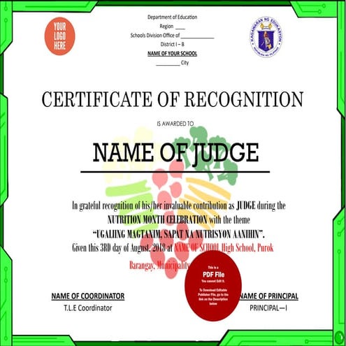 Free Deped Certificate: Tle nutrition month certificate of judge2 | PDF