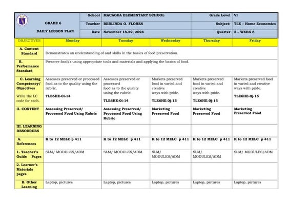 Daily Lesson Log ESP 6 Quarter 2 Week 1. | DOCX