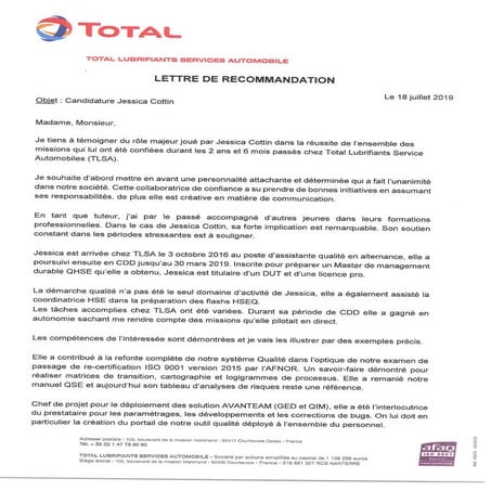 Lettre de recommandation jessica cottin | PDF