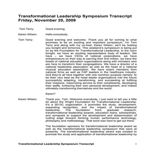 Transformational Leadership Symposium Transcript, Friday Evening | PDF