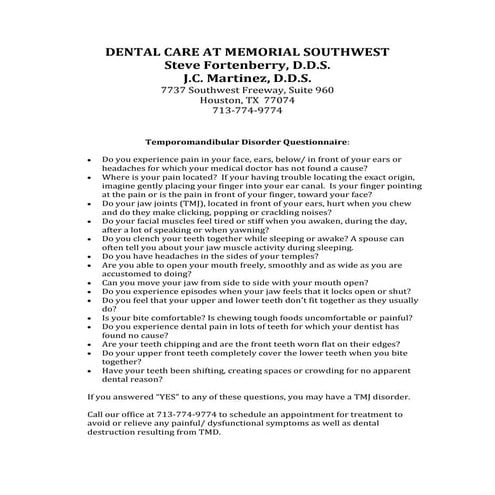 TMJ Disorder Questionnaire | DOCX