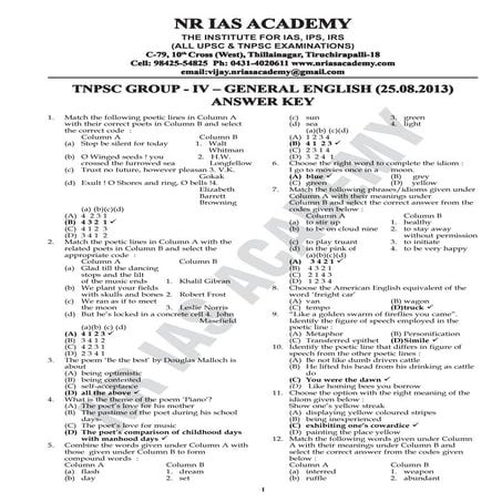 Tnpsc group-4-general-english-answer-key | PDF | Educational Assessment | Education