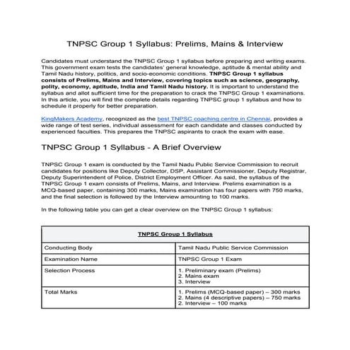 TNPSC Group 1 Syllabus: Prelims to Interview | PDF