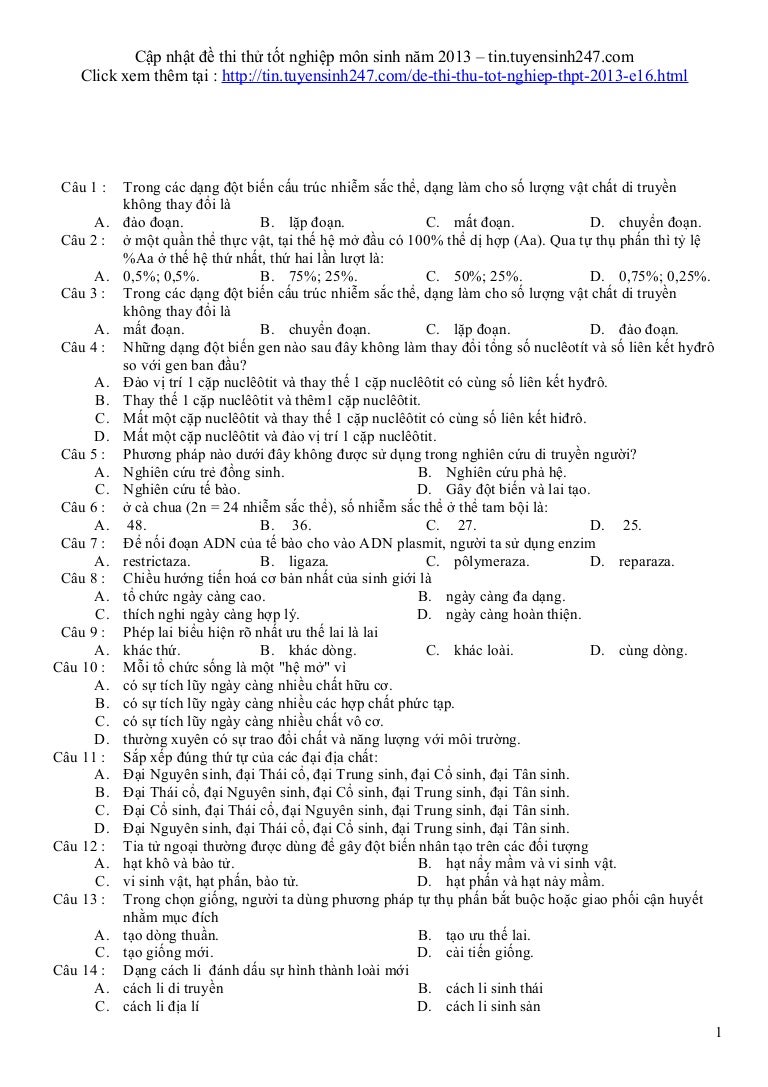 De thi thu mon sinh tot nghiep thpt nam 2013 so 2