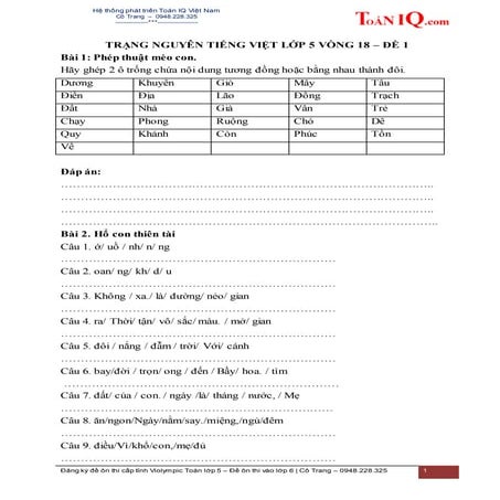 Trạng nguyên Tiếng Việt lớp 5 Vòng 7 sơ khảo cấp Trường năm 2025 - 2026 | PDF