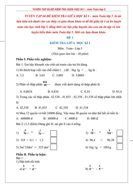 10 đề kiểm tra giữa học kỳ 1 môn Toán lớp 5 | iHoc.me - Đề thi môn toán | PDF