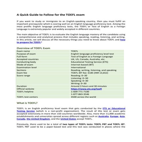 A Quick Guide to Follow for the TOEFL exam | PDF