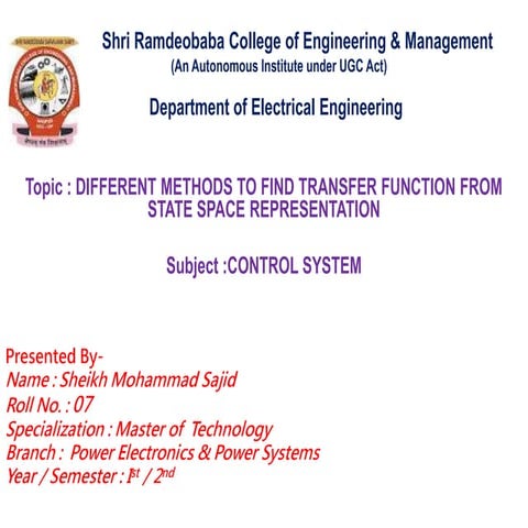 To Find Transfer Function From State Space Representation Ppt